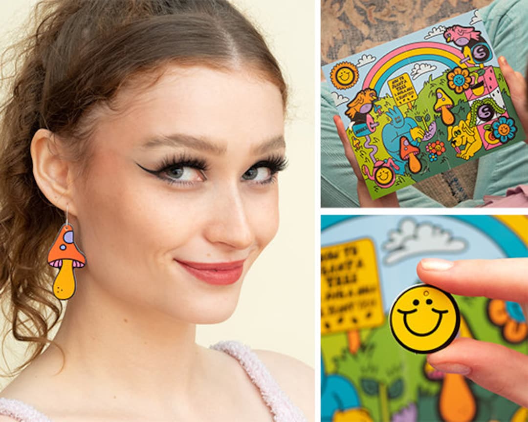 Mushroom, Sunflower, Smiley Face, Bird, Yin Yang 5 Pairs of Quirky ...