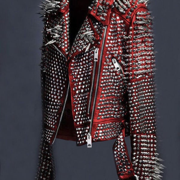 Mens Red Spiked Leather Jacket - Etsy