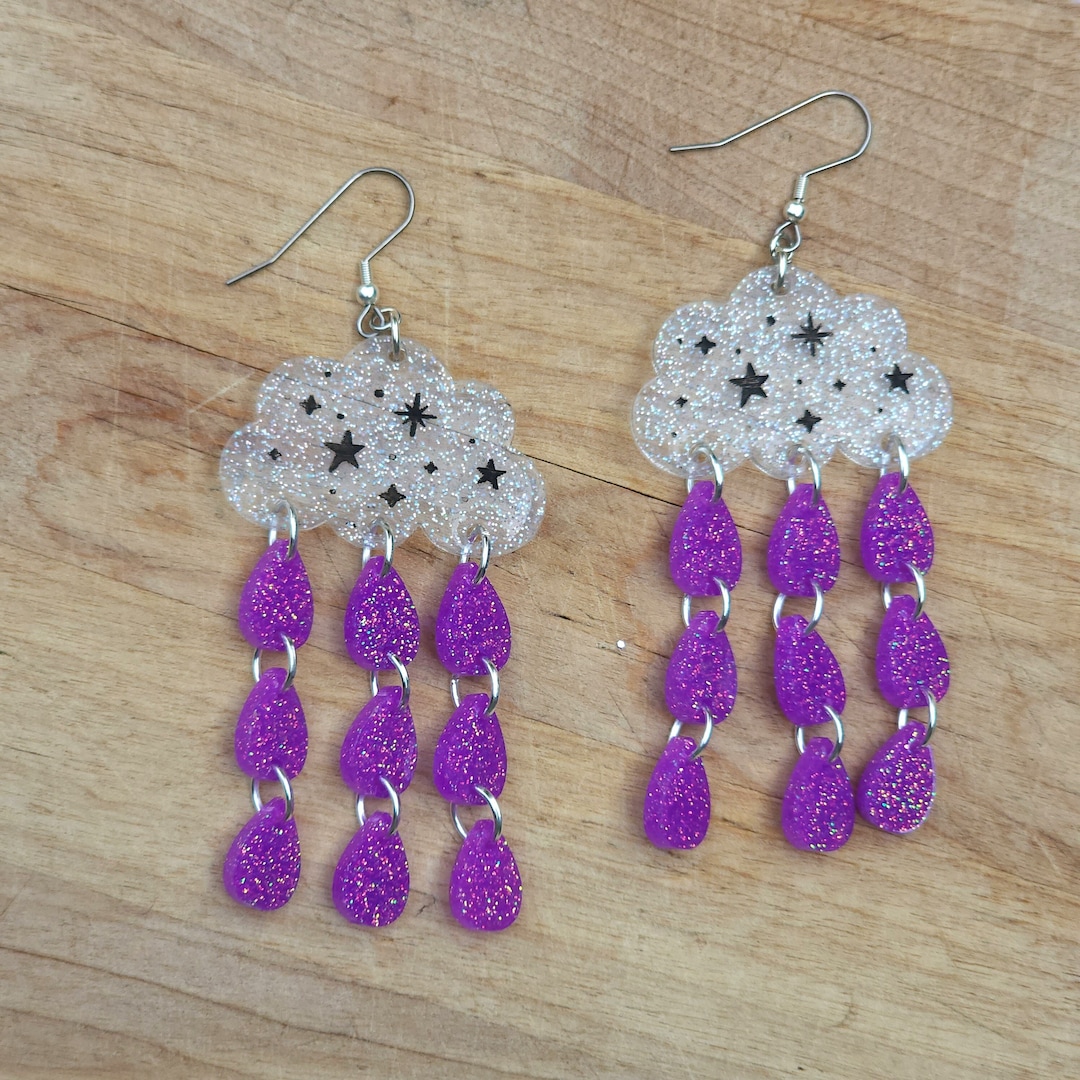 Purple Rain Glitter rain cloud earrings thunderstorm earrings falling rain earrings, midnight ...