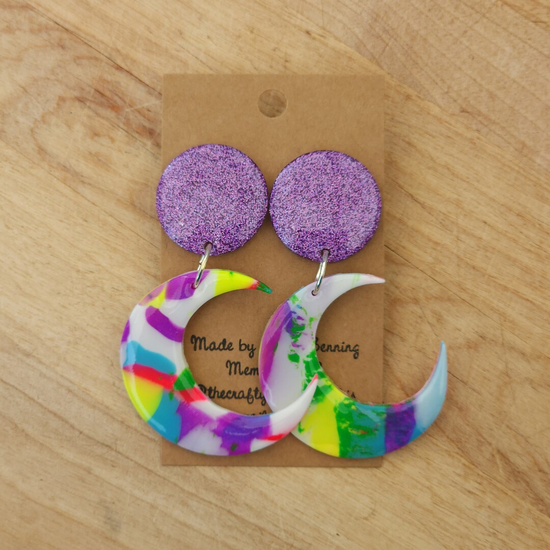 Neon 90s Moon Earrings, Postmodern Memphis Style 90s Baby Celestial ...