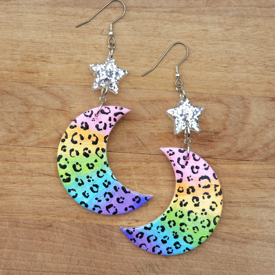 Kawaii Pastel Rainbow Crescent Moon and Star Earrings LGBTQ Pride ...