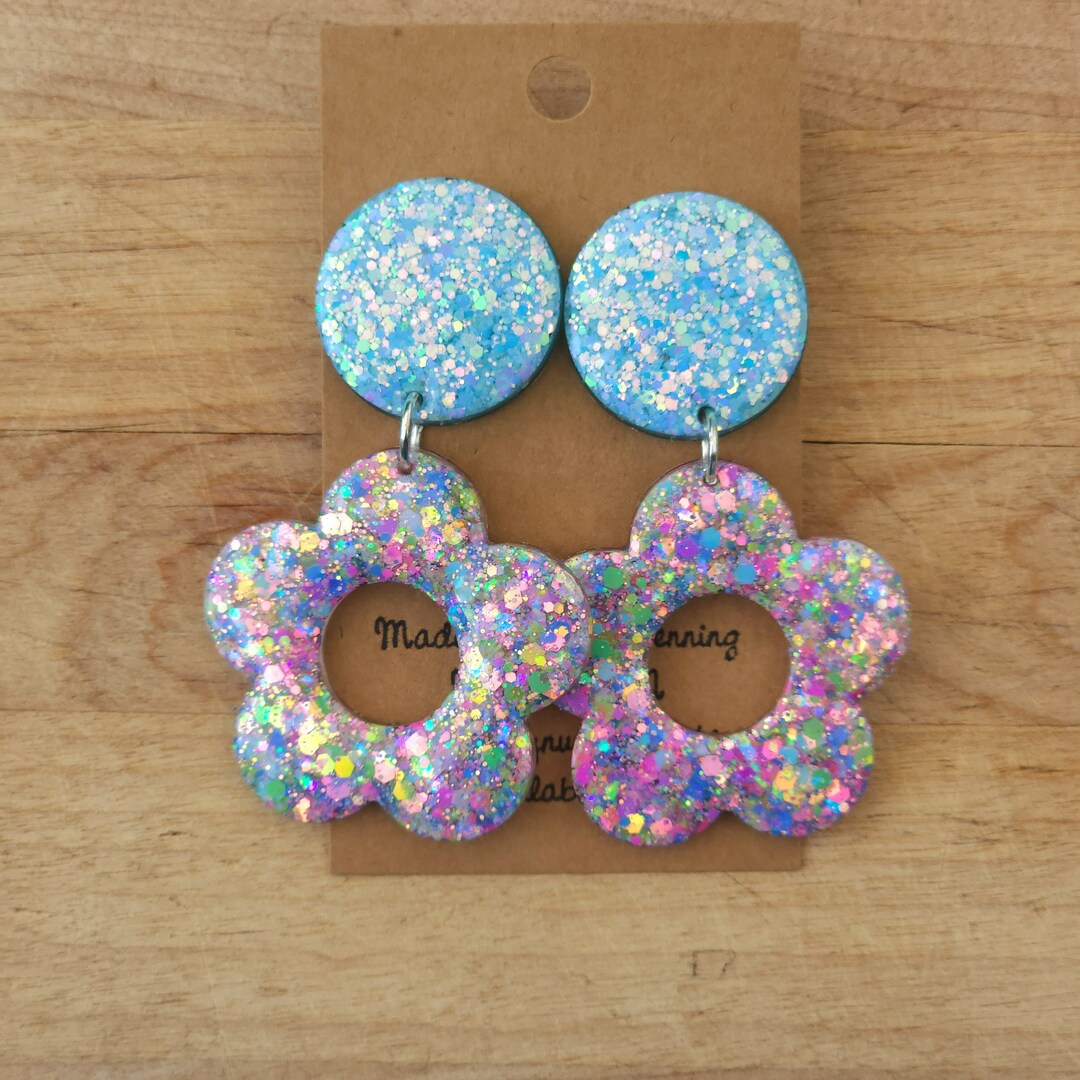 60s 70s Groovy Flower Child Earrings, Pastel Glitter Statement Earrings ...