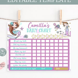 Editable Mermaid Chore Daily Chart, Printable Kids Responsibility Chart ...