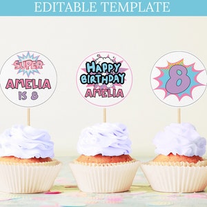 Editable Girl Superhero Cupcake Toppers, Pink Super Hero Birthday ...