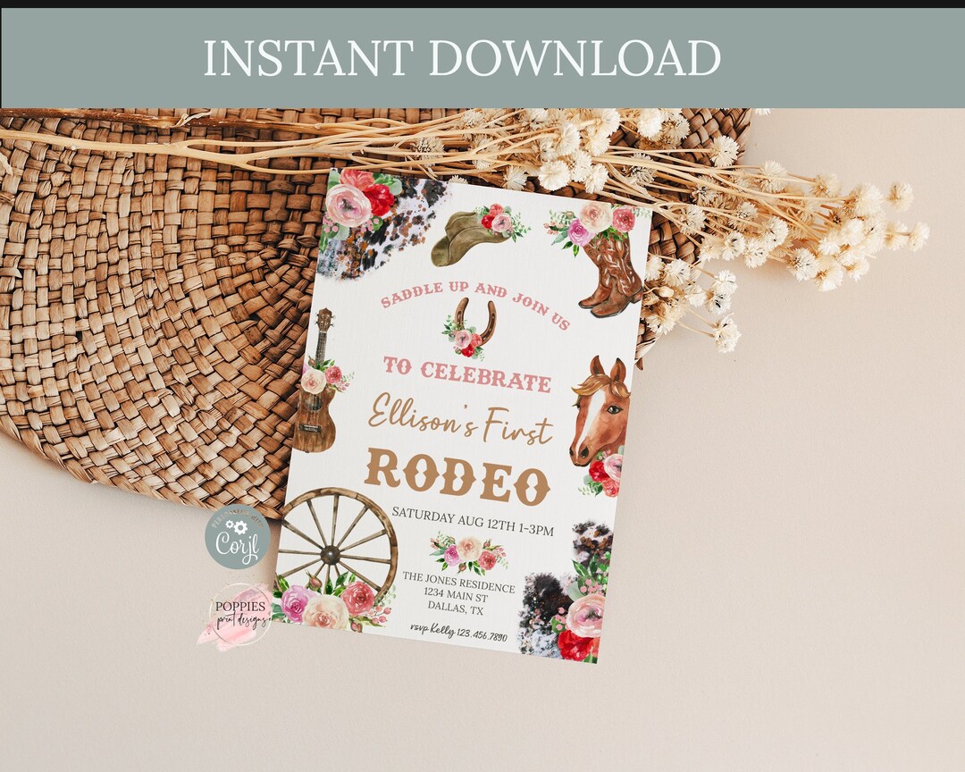 Invitación de cumpleaños de primer rodeo floral, cumpleaños de vaquera ...