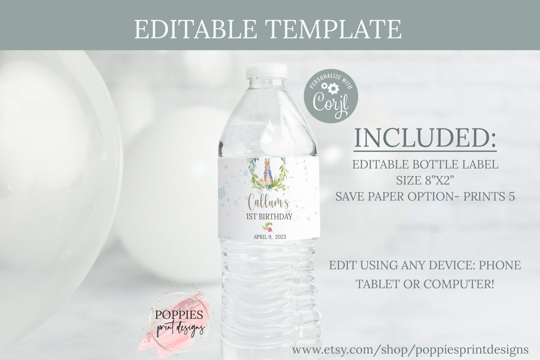 Editable Peter Rabbit Birthday Water Bottle Label Flopsy Bunny Water ...