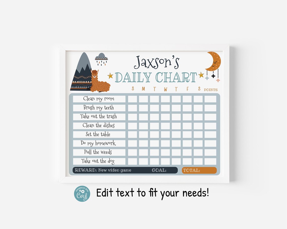 Printable Kids Daily Chore Chart Editable Behavior Chart - Etsy