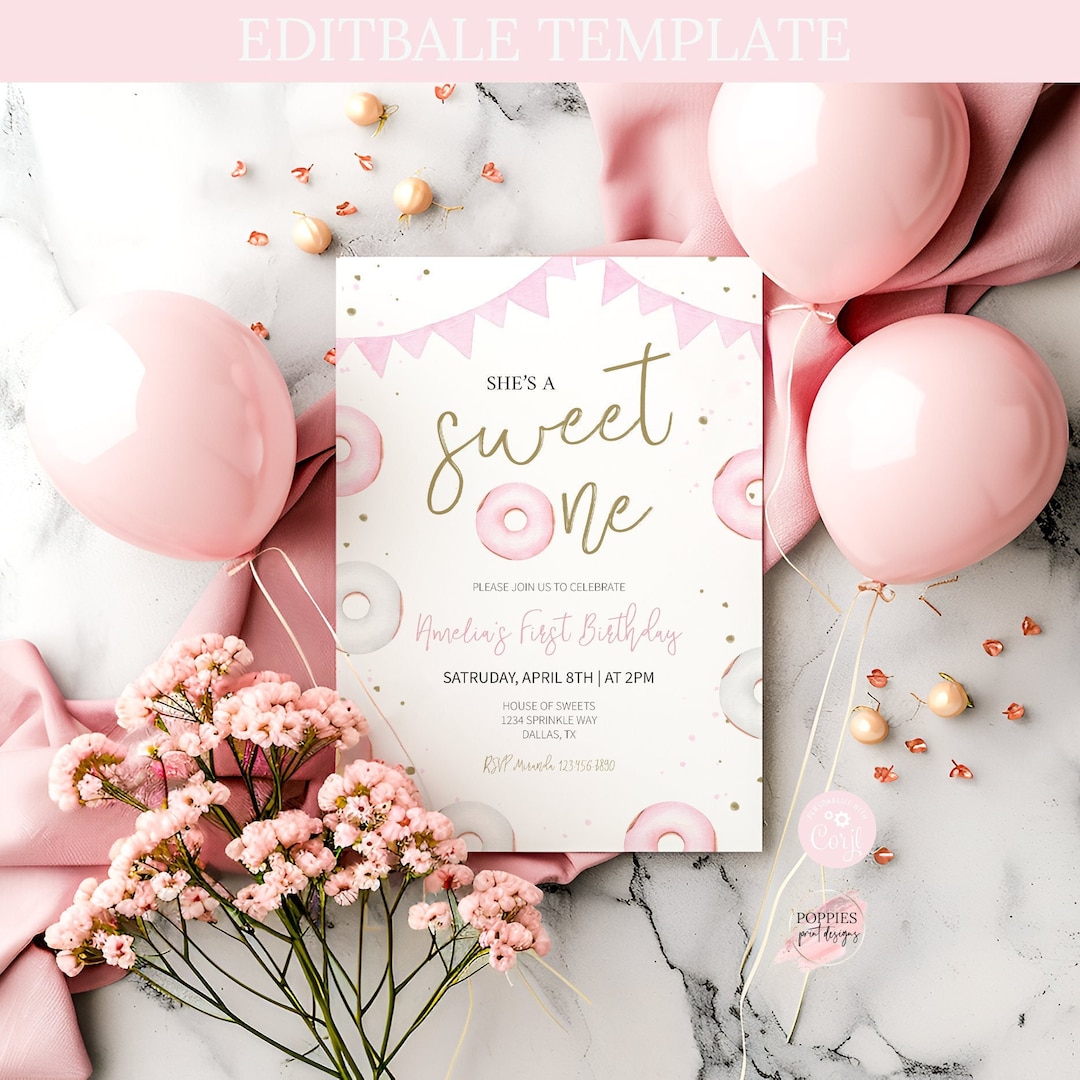 Editable Donut First Birthday Invitation, Sweet One 1st Doughnut ...