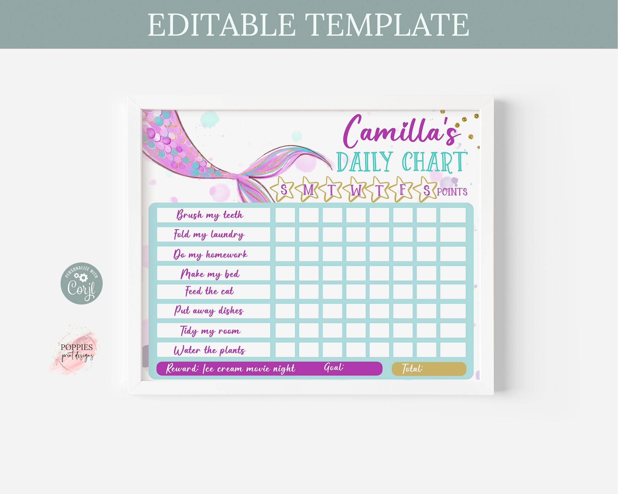 Editable Mermaid Chore Daily Chart, Printable Kids Responsibility Chart ...