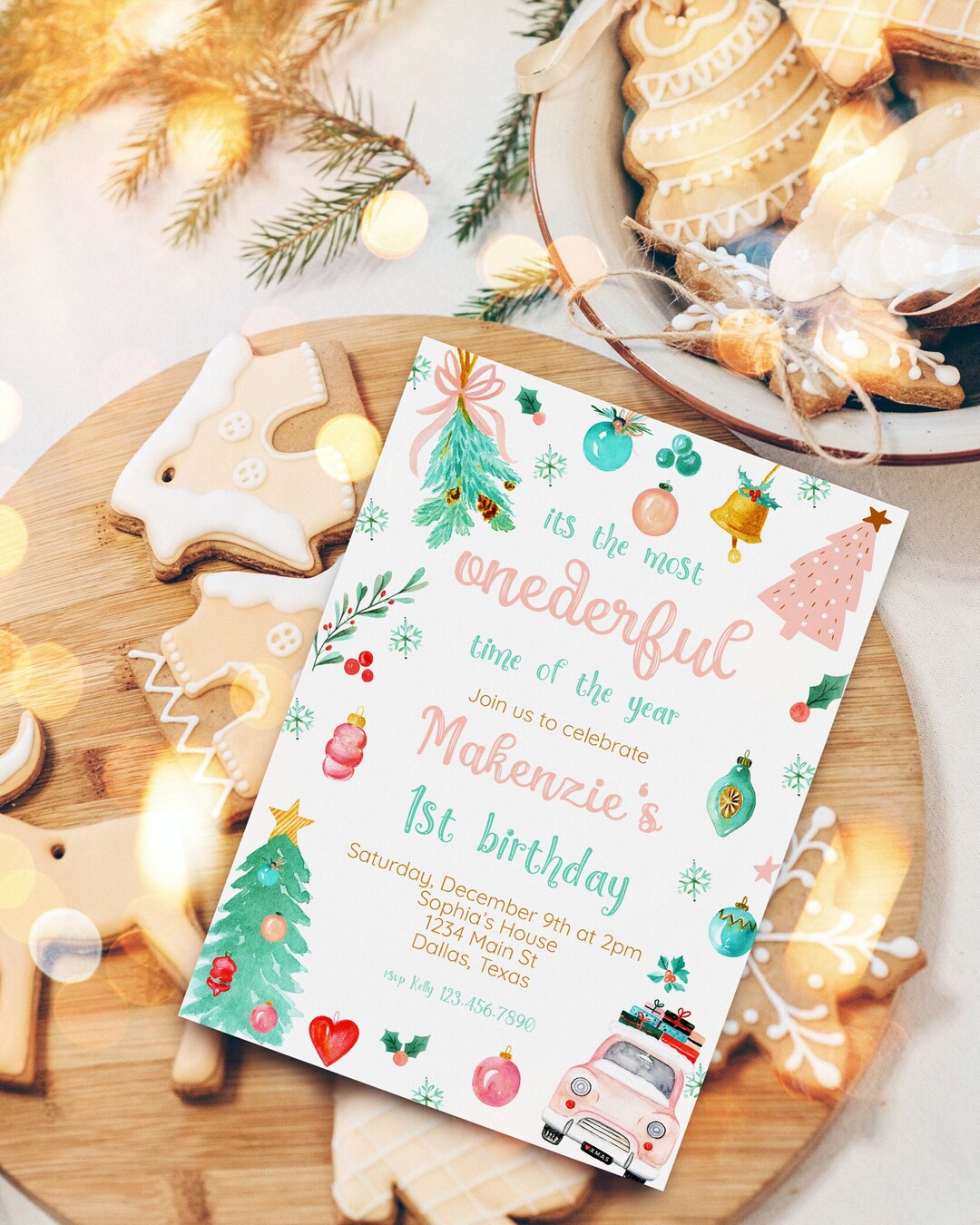 Editable Pink Christmas First Birthday Invitation, Most Onederful Time ...