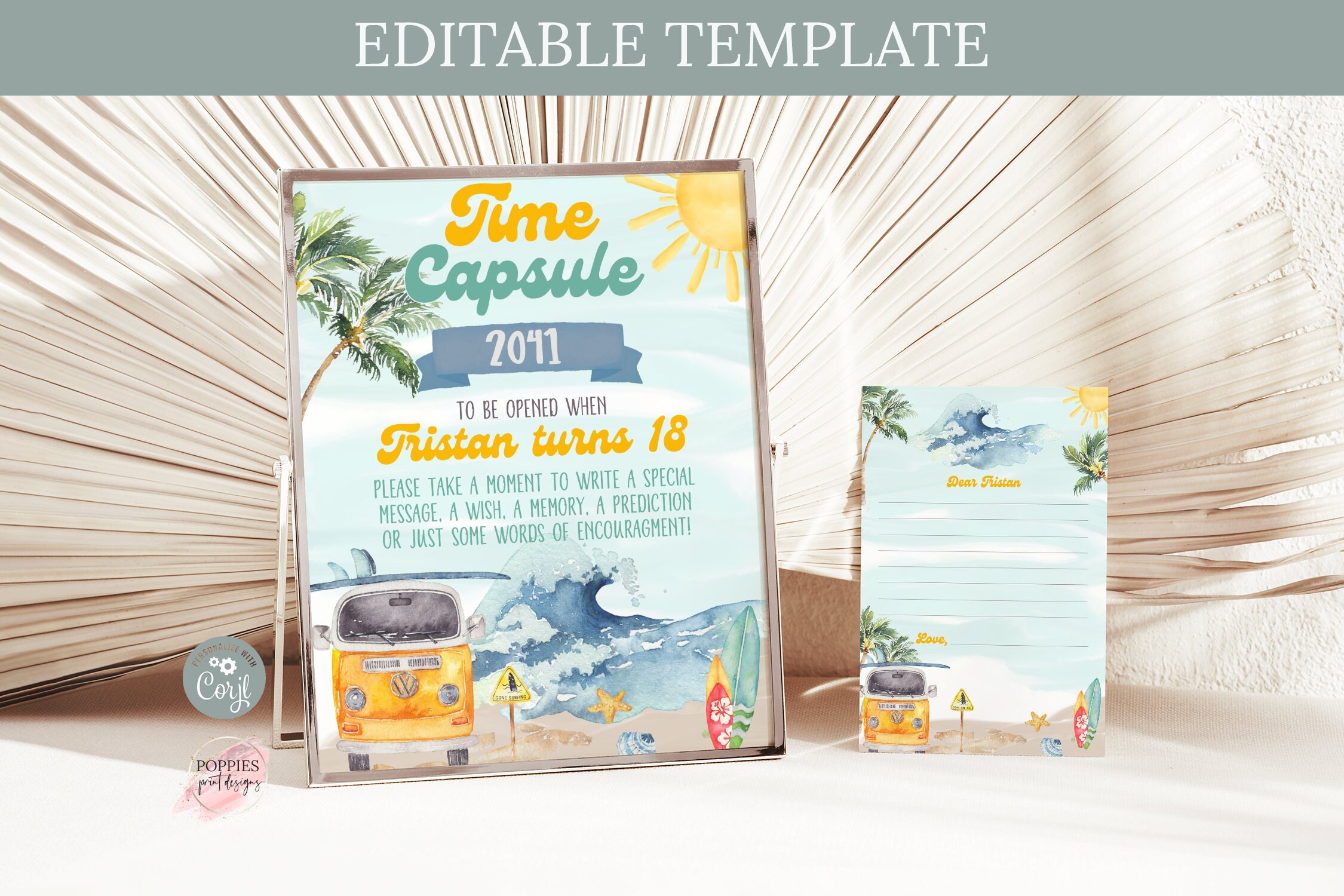 Editable Surf Party Time Capsule Sign, the Big One, Surf's up Birthday ...