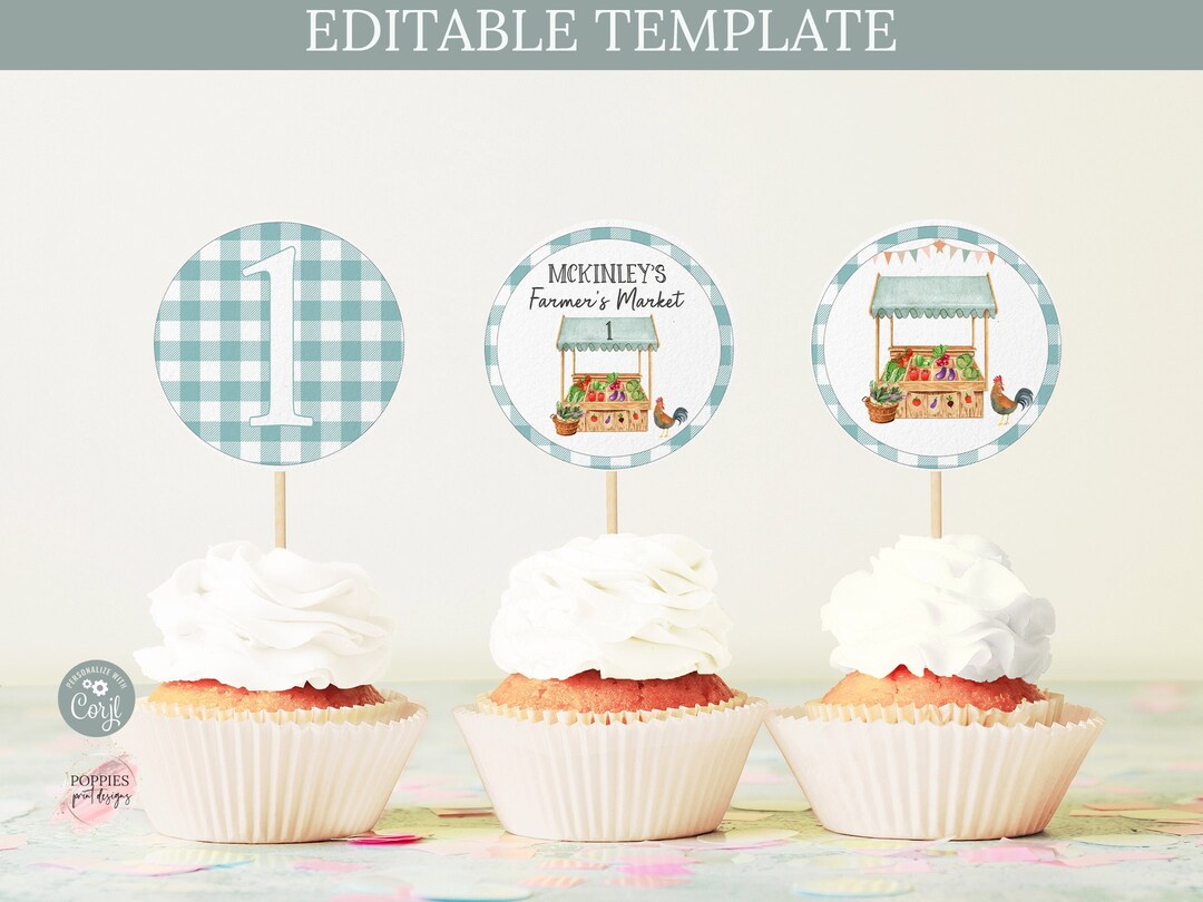 Editable Green Farmer's Market Birthday Cupcake Toppers Neutral First ...