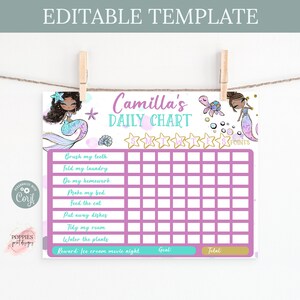Editable Mermaid Chore Daily Chart, Printable Kids Responsibility Chart ...