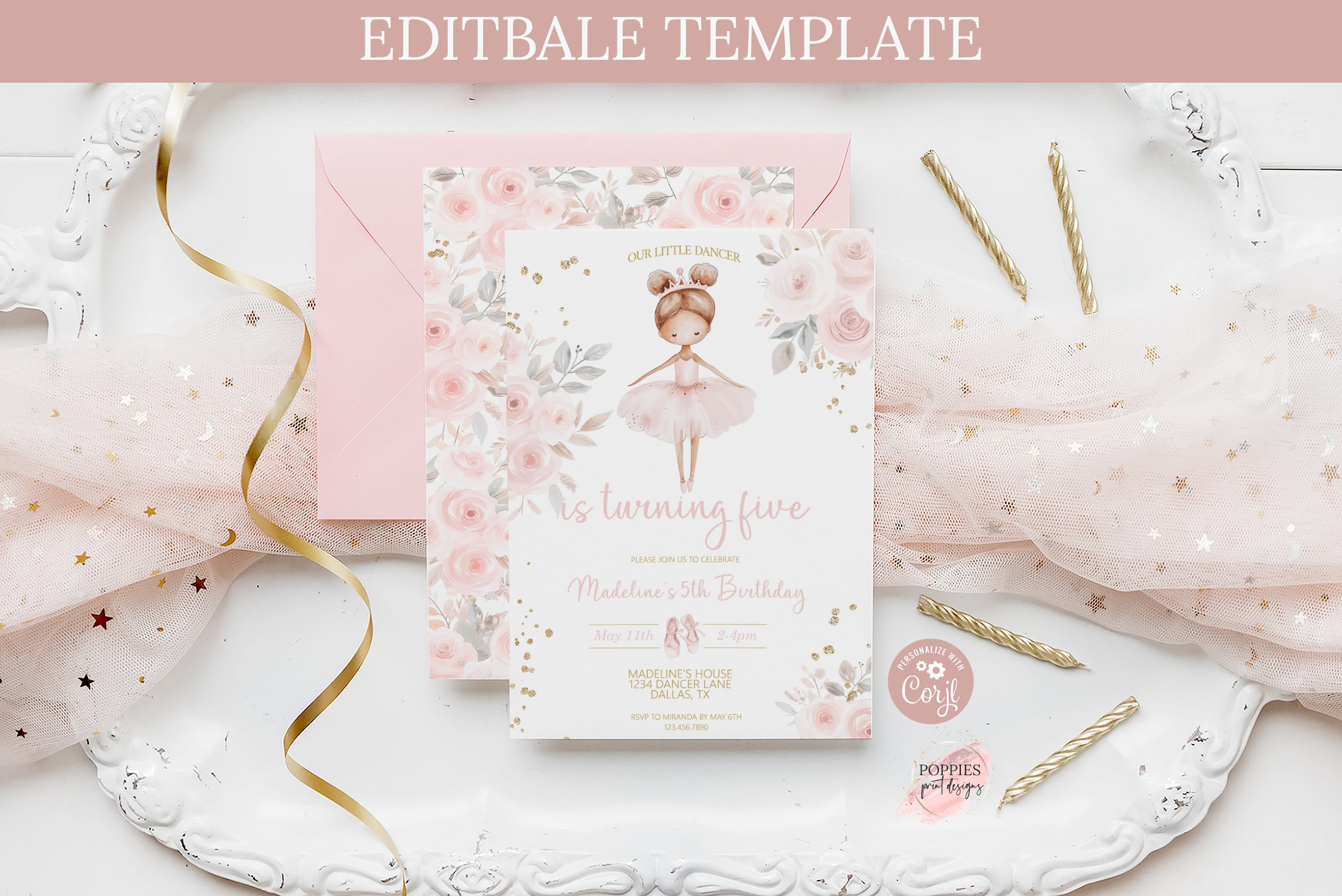 Editable Pink Princess Ballerina Dancer Birthday Invitation, Dance and ...