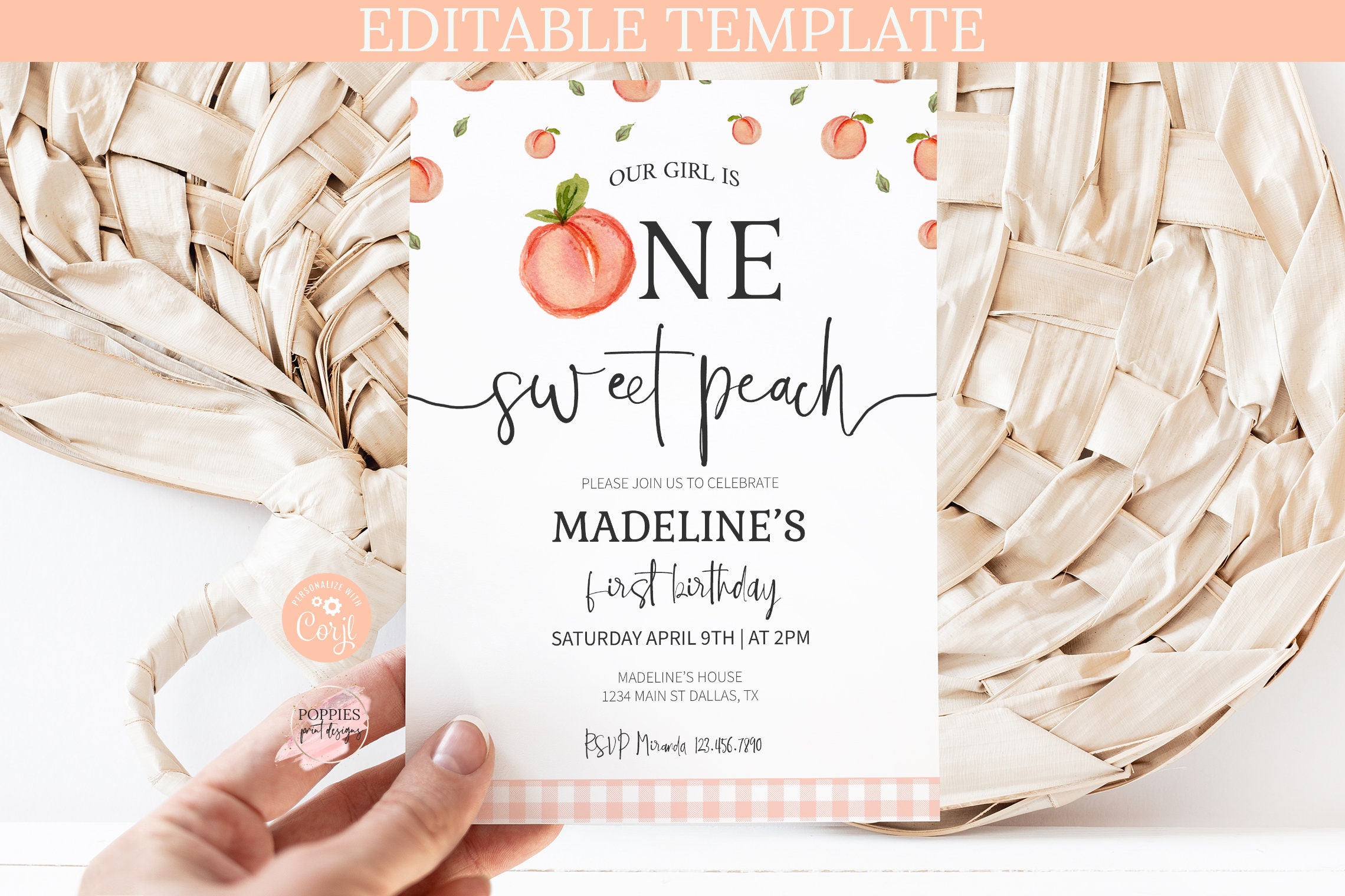 Editable One Sweet Peach Birthday Invite Peach First Birthday ...
