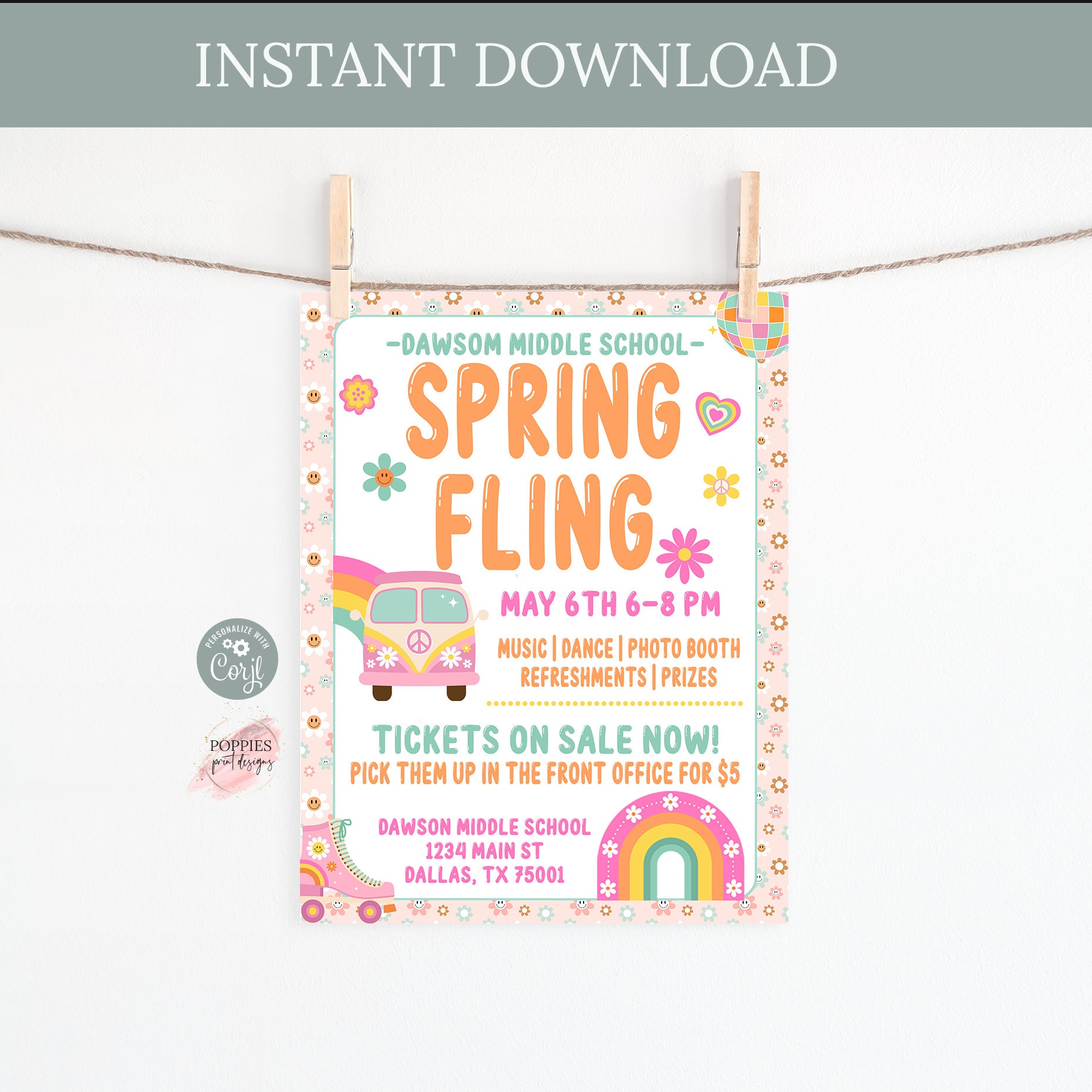 Editable Groovy School Dance Flyer Spring Fling Sign School Event ...