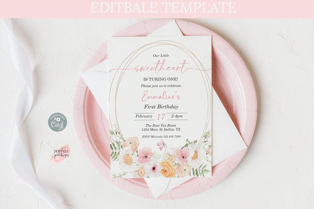 Editable Sweetheart Birthday Invitation Floral Heart Birthday Invite ...