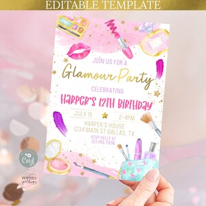 Editable Makeup Birthday Invitation Girl Slumber Party Invite Glamour ...