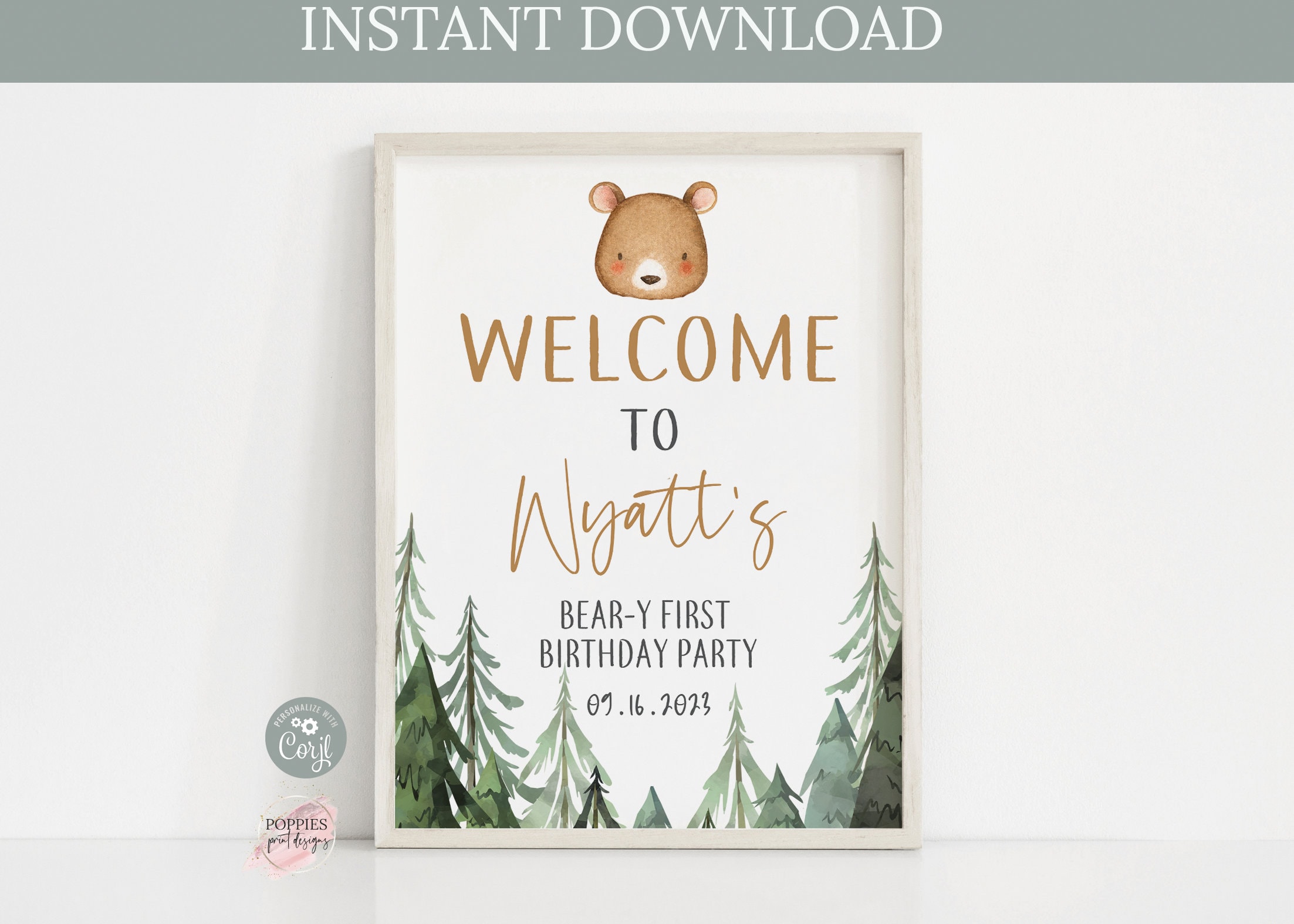 Editable Forest Bear Birthday Welcome Sign Beary First Birthday Sign ...