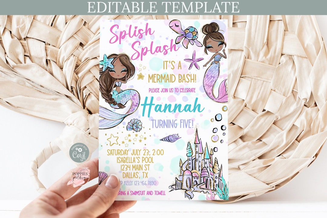 Mermaid Birthday Party Invitation Editable Splish Splash Mermaid ...