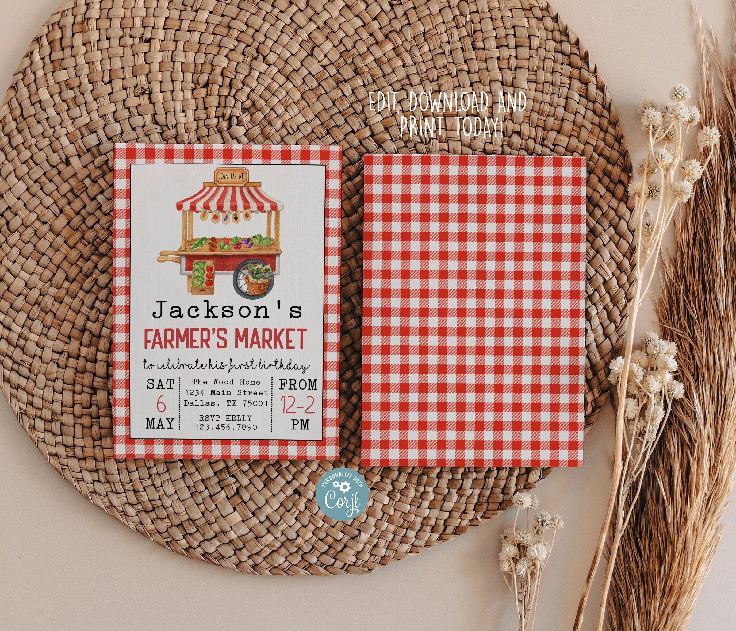 Editable Red and White Farmer's Market Birthday Invitation, Gender ...