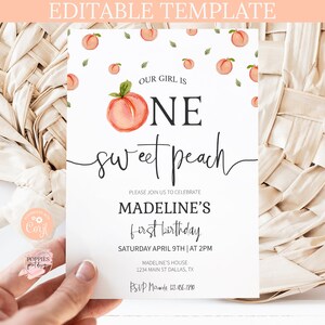 Editable One Sweet Peach Birthday Invitation Peach First Birthday ...