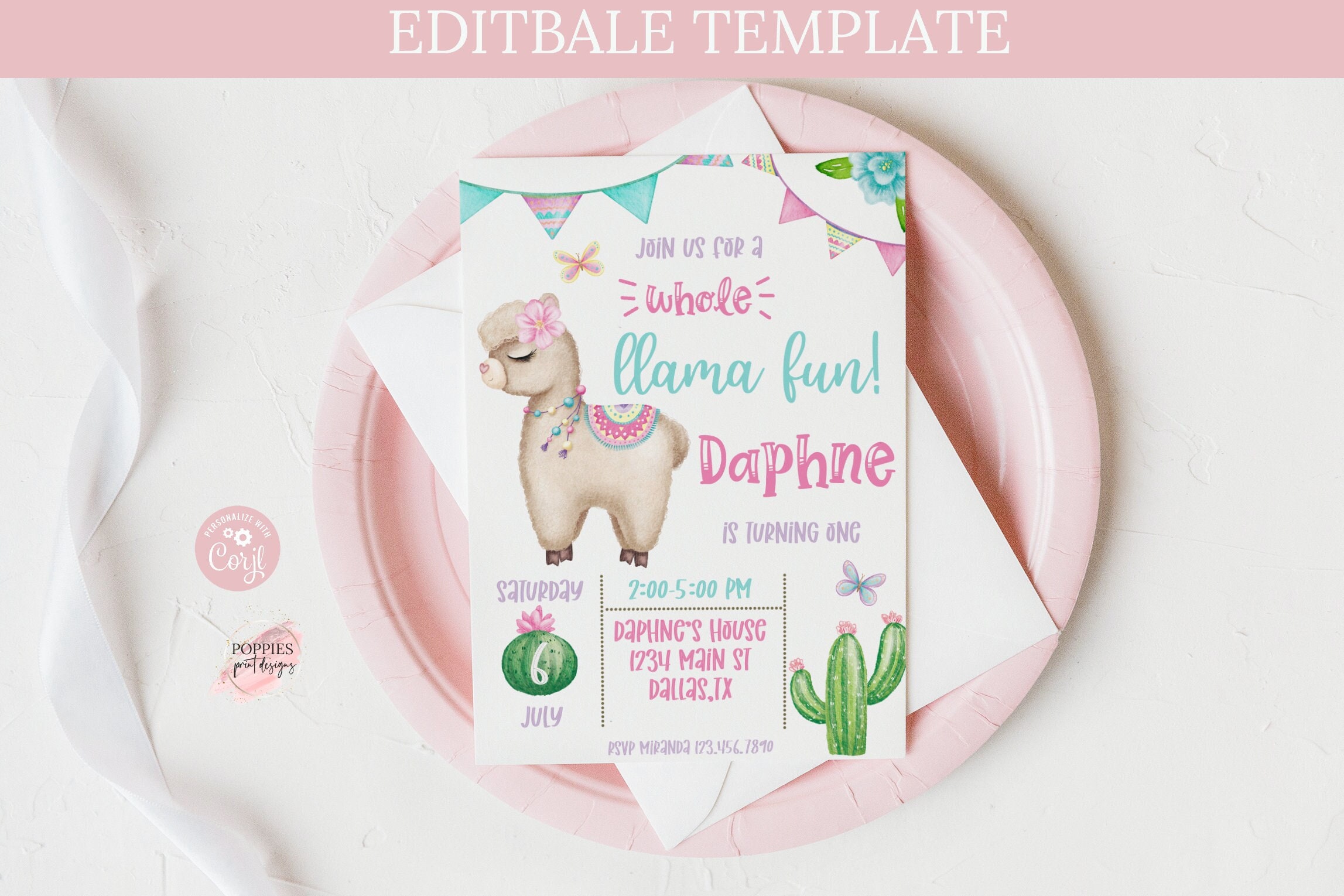 Editable Cute Llama Birthday Party Invitation, A Whole Llama Fun ...