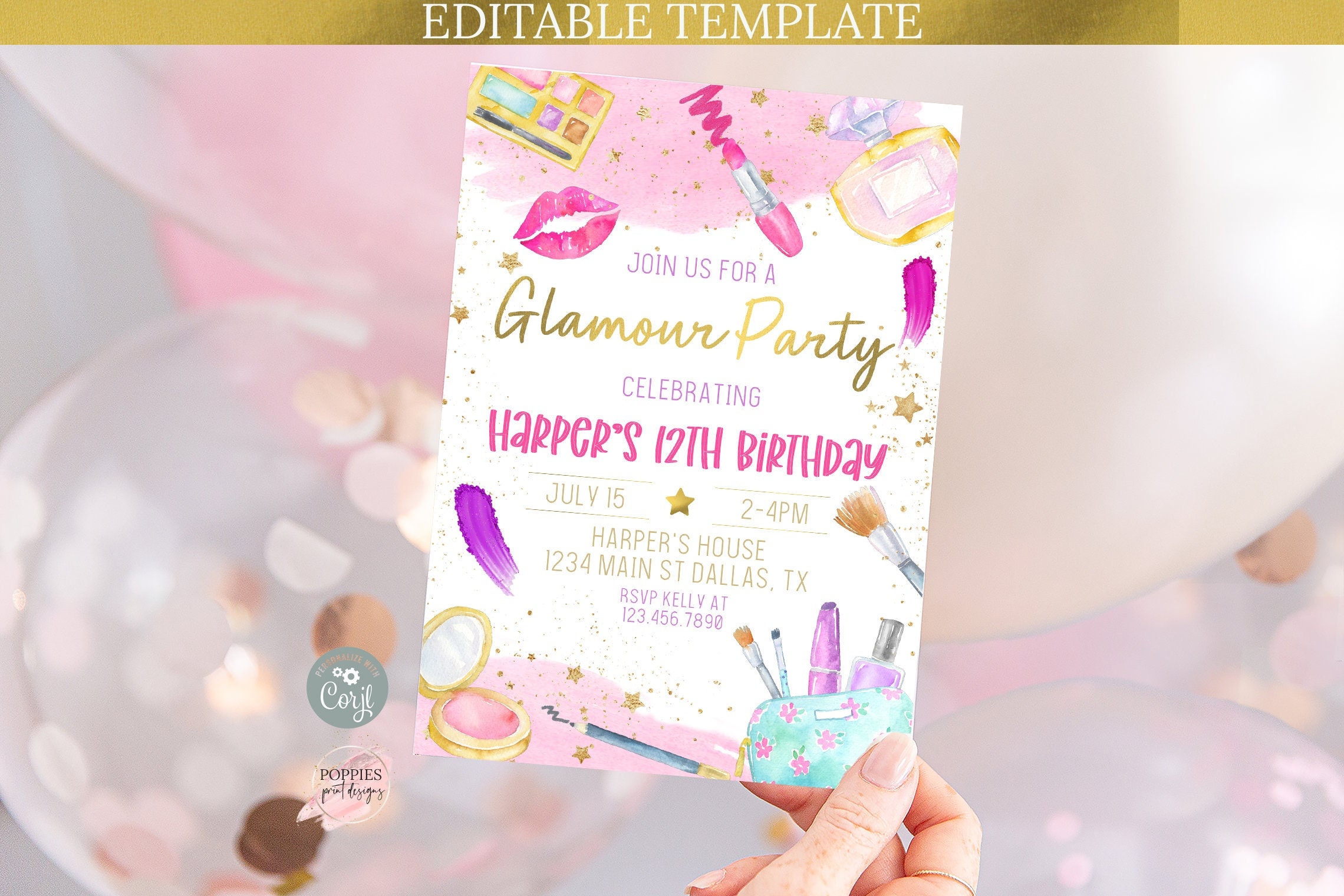 Editable Makeup Birthday Invitation Girl Slumber Party Invite Glamour ...