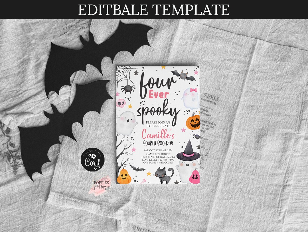 Four Ever Spooky Halloween 4th Birthday Invitation Editable Pink Ghost ...