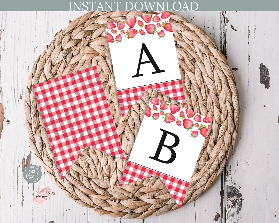 Editable Strawberry Birthday Banner 8.5x11" Happy Birthday Pennant ...