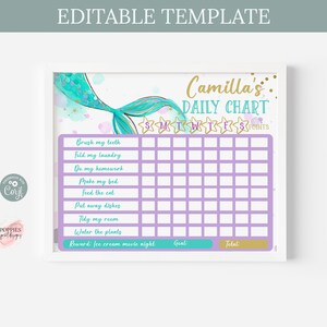 Editable Mermaid Chore Daily Chart, Printable Kids Responsibility Chart ...
