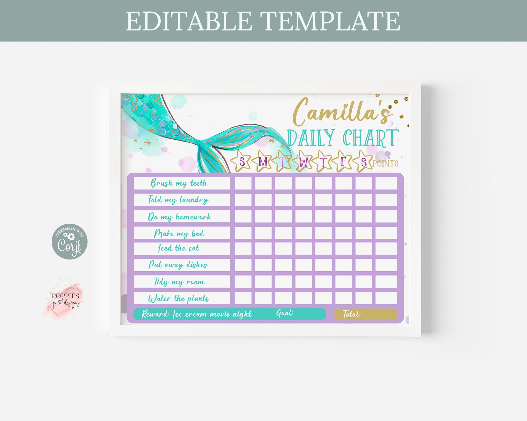 Editable Mermaid Chore Daily Chart, Printable Kids Responsibility Chart ...