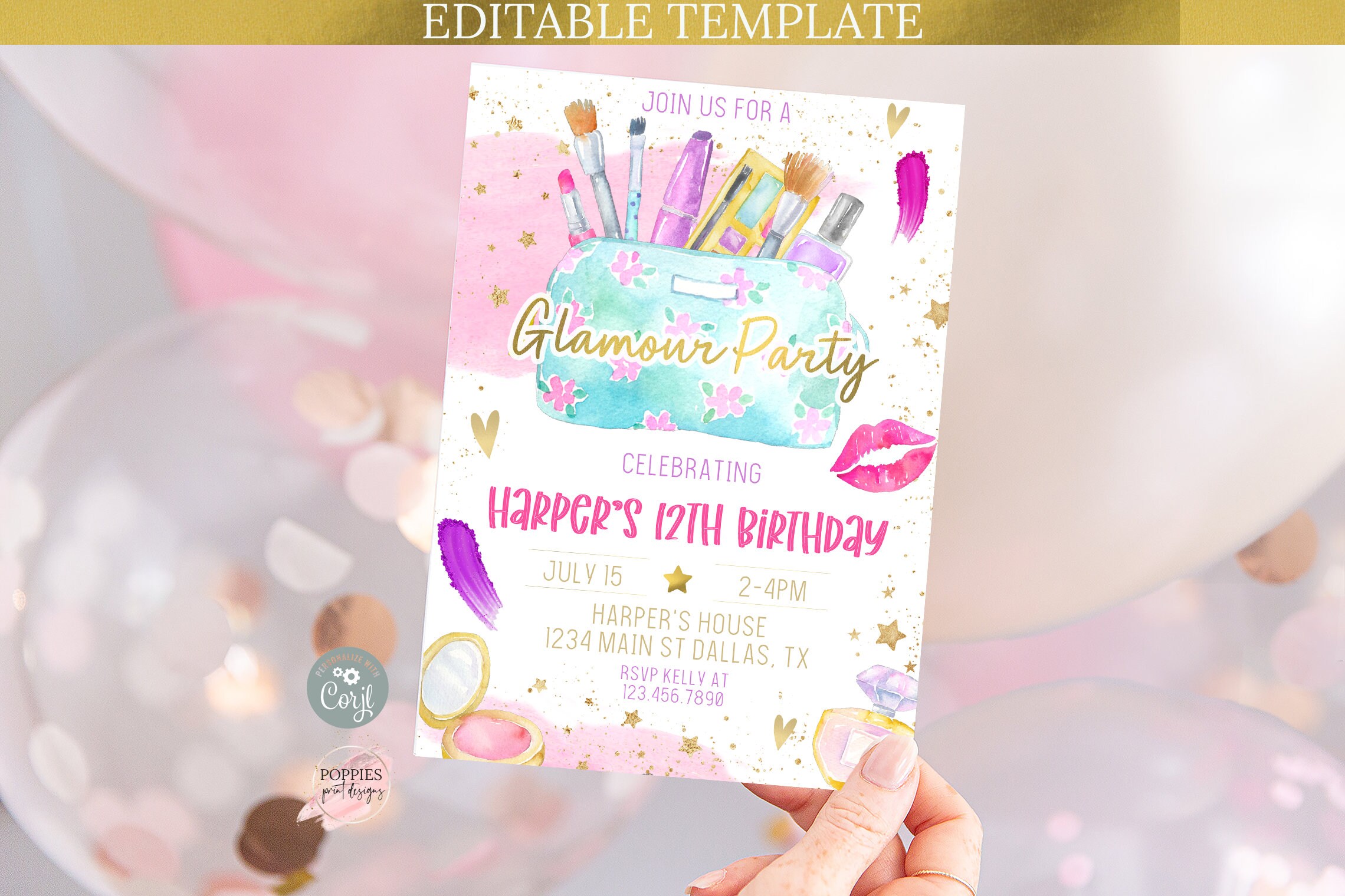 Editable Makeup Birthday Invitation Girl Slumber Party Invite Glamour ...