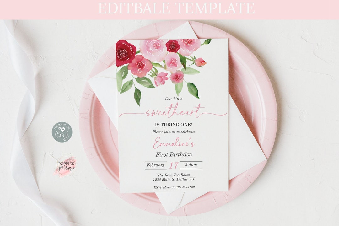 Editable Valentine's Birthday Invitation, Floral Heart 1st Birthday ...