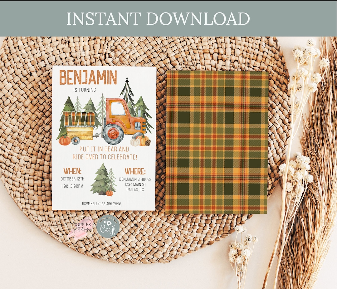 Editable Pumpkin 2nd Birthday Invite, Green Plaid Tractor Second ...
