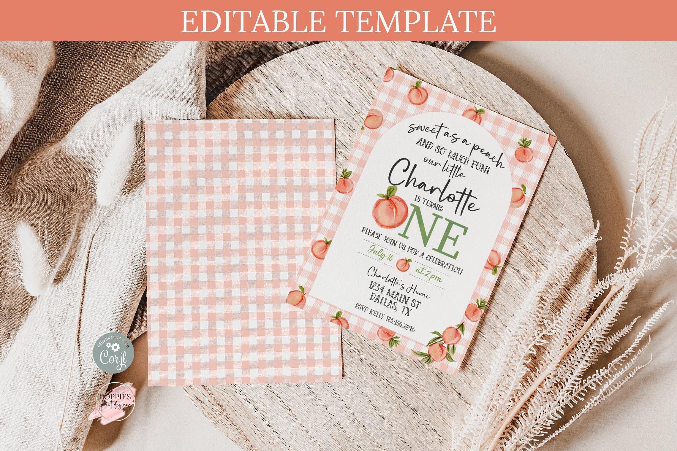 Editable Peach 1st Birthday Invitation, Sweet as a Peach First Birthday ...