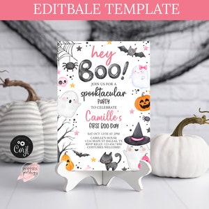 Halloween Birthday Invitation Hey Boo Editable Pink Ghost Birthday ...
