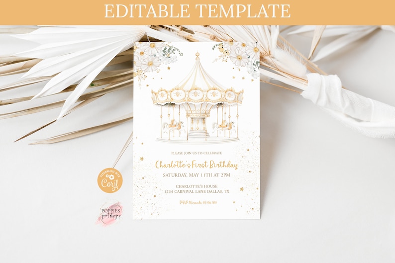 Editable Gold Carousel Birthday Invitation Floral Carousel Horse ...