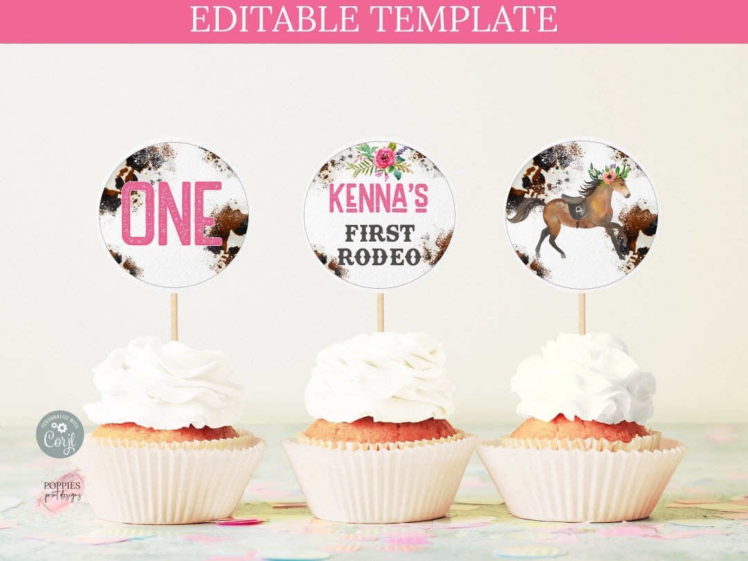 Editable Floral First Rodeo Birthday Cupcake Toppers Girl Pink Rodeo ...