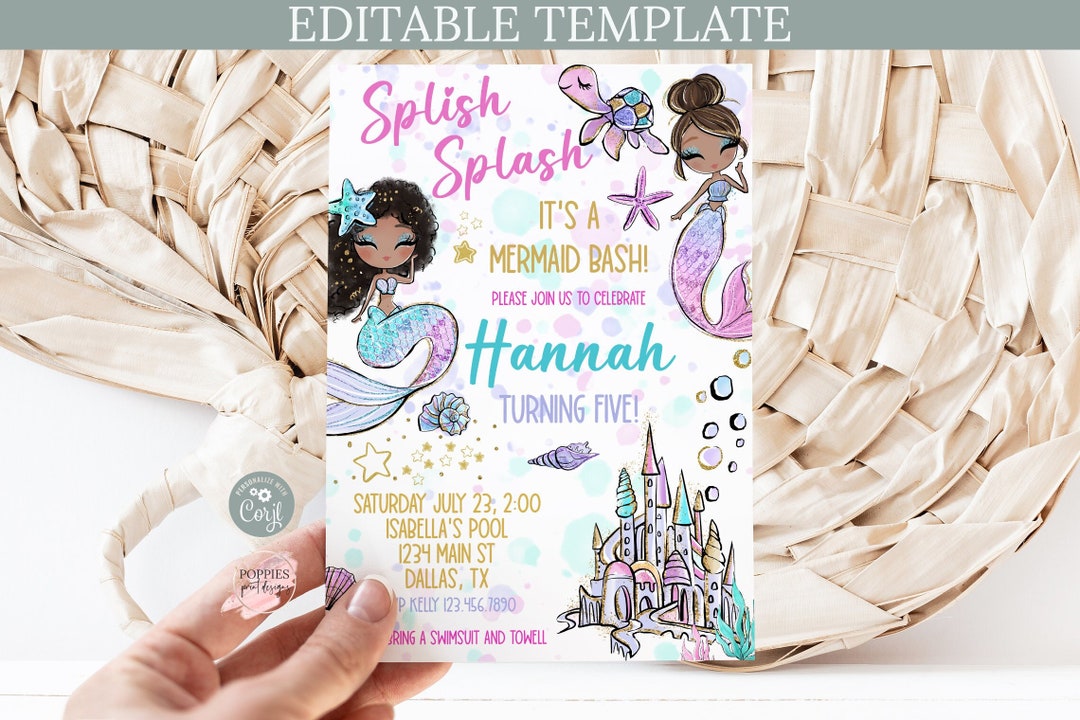 Editable Mermaid Birthday Bash Invitation Splish Splash Mermaid ...