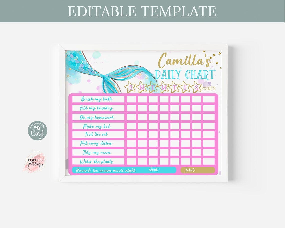 Editable Mermaid Chore Daily Chart, Printable Kids Responsibility Chart ...