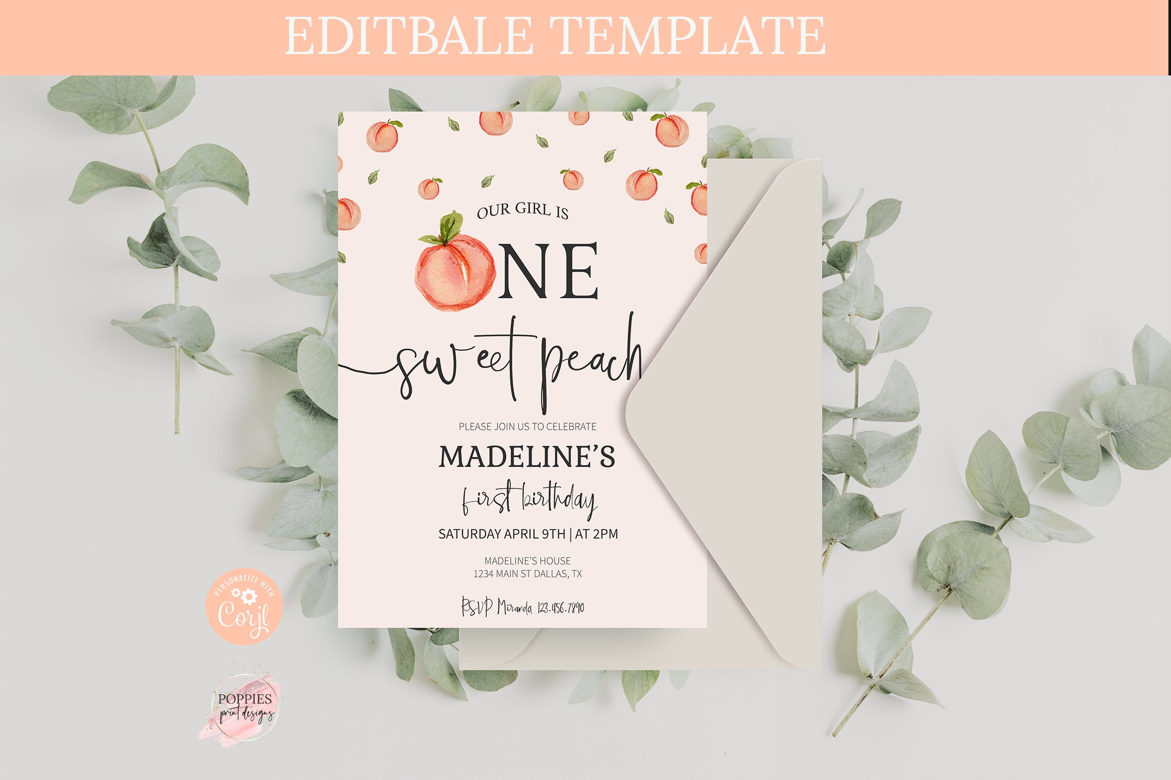 One Sweet Peach Birthday Invitation Editable Peach First Birthday ...