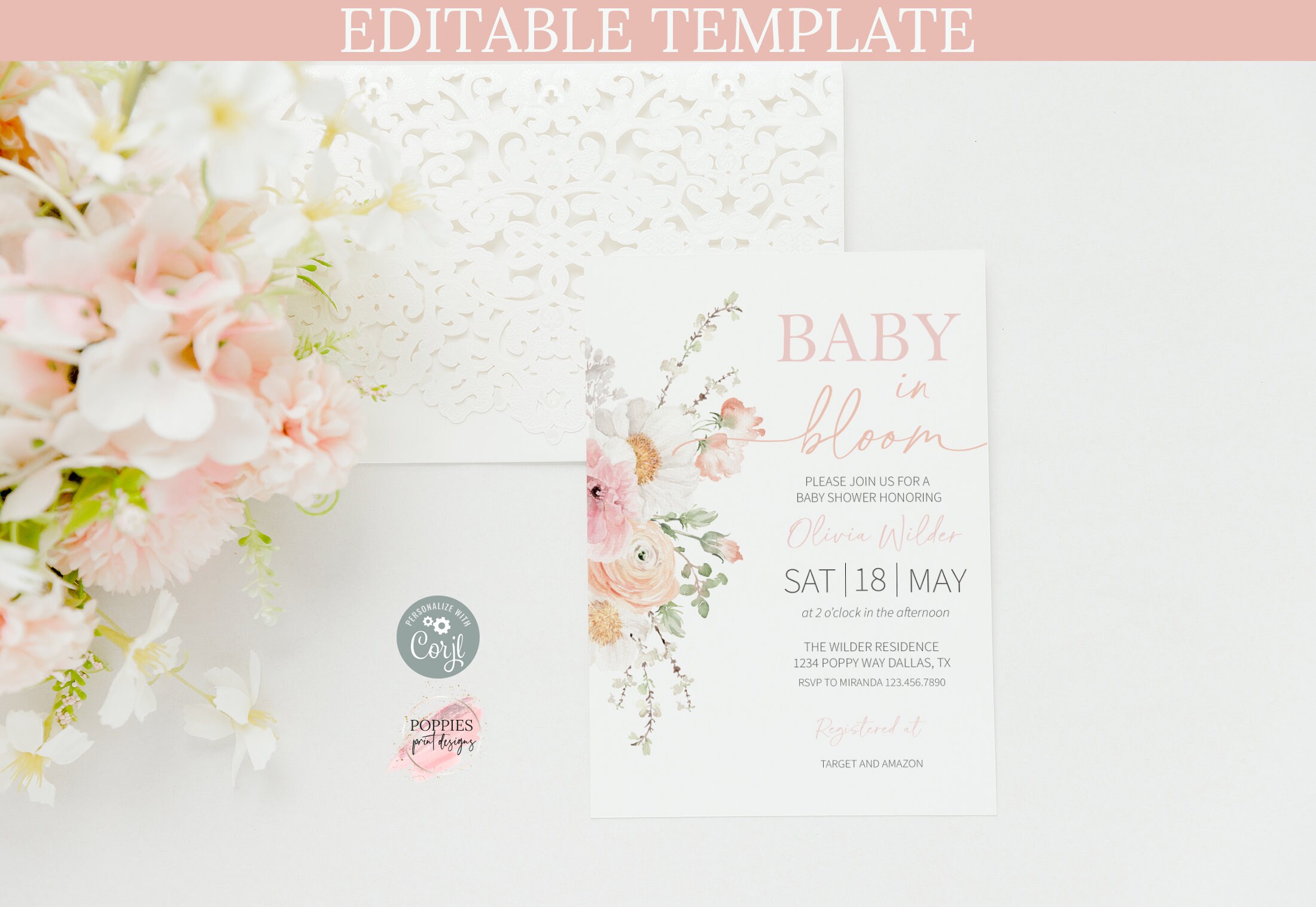 Editable Baby in Bloom Invitation, Girl Baby Shower Invite, Wildflower ...