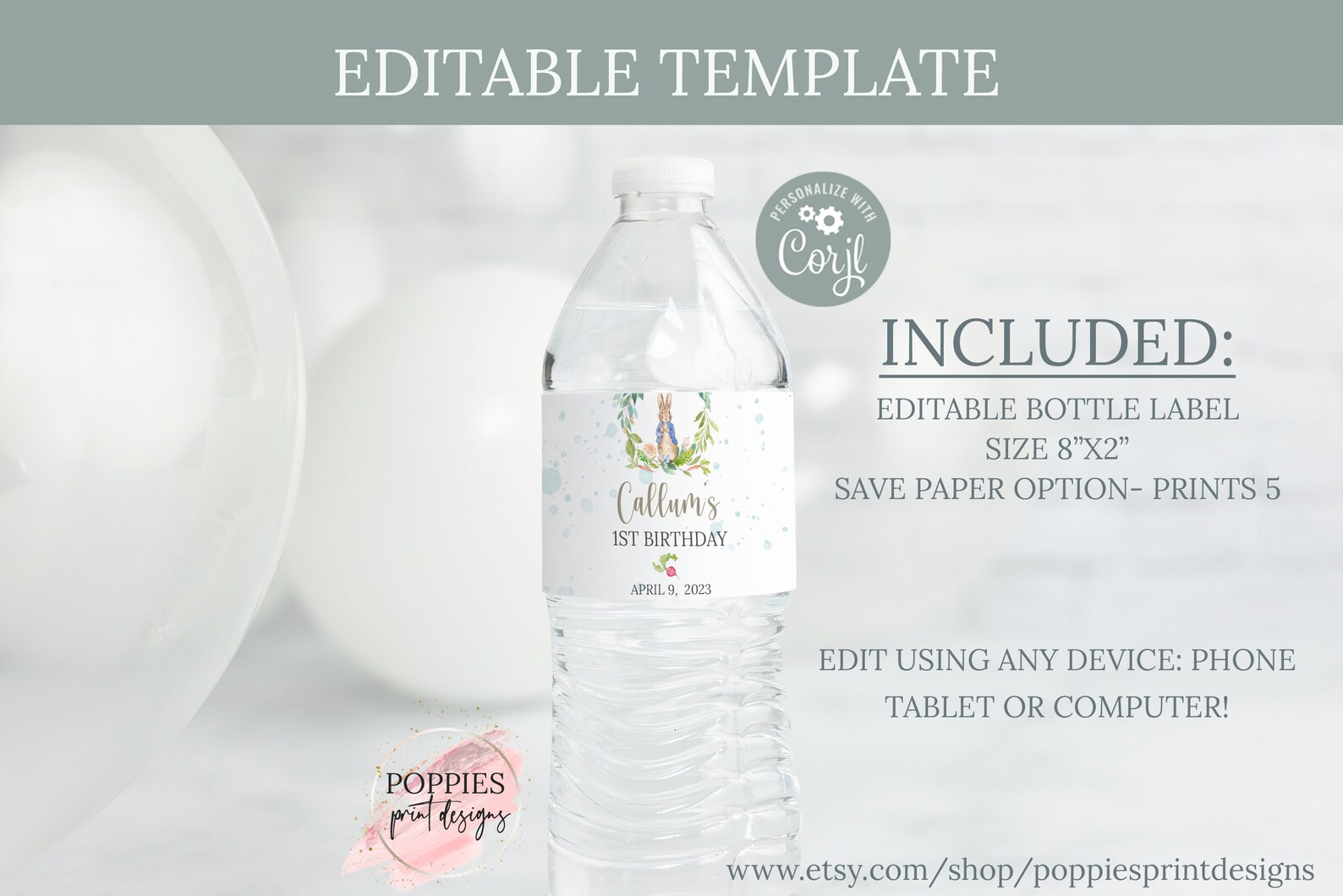 Editable Peter Rabbit Birthday Water Bottle Label Flopsy Bunny Water ...