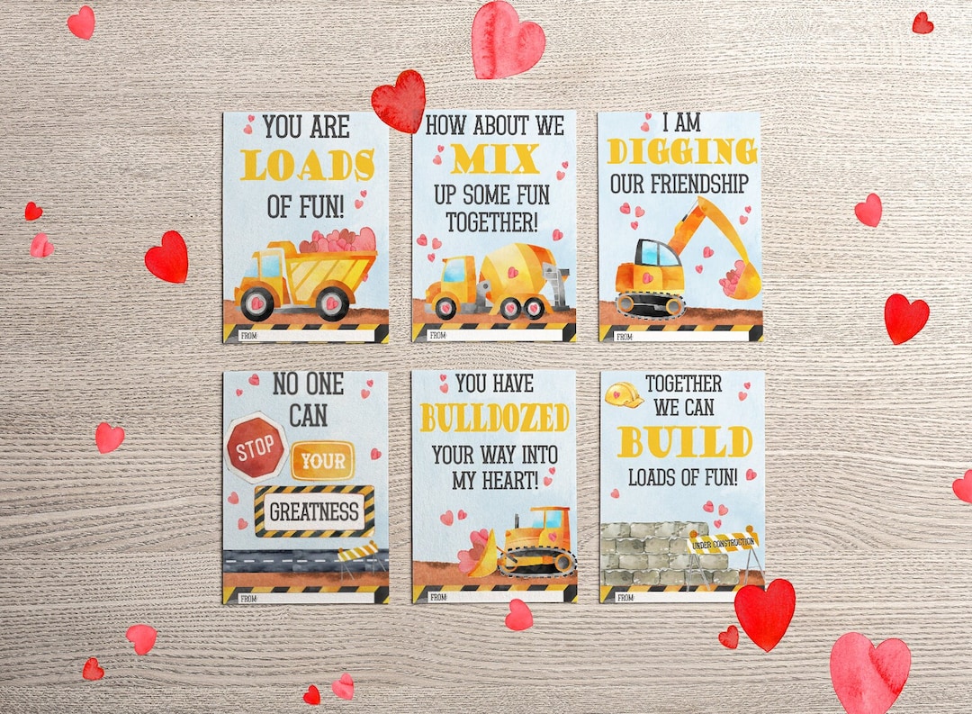 Printable Construction Valentine's Day Cards, Print at Home Classroom ...