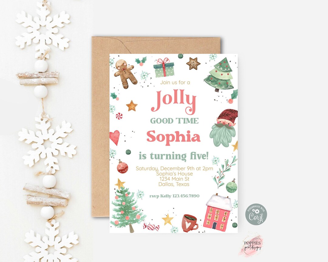 Jolly Good Time Editable Birthday Invitation, Christmas Birthday ...