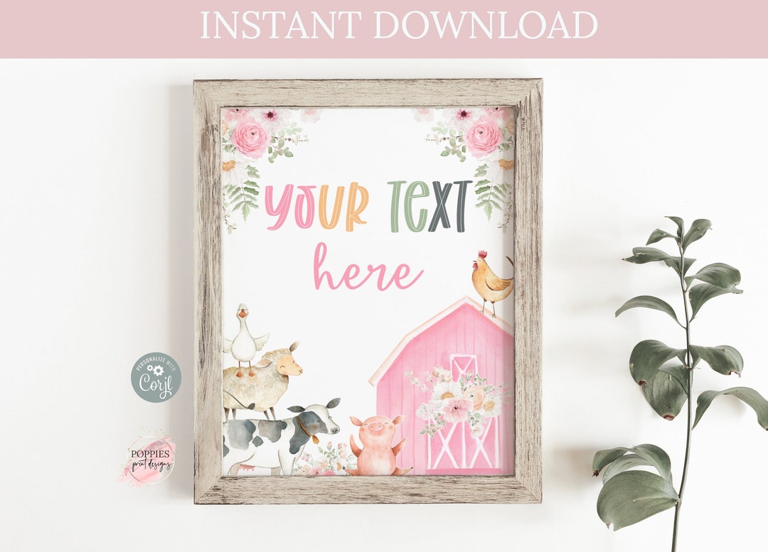 Editable Floral Barnyard Custom Sign, Pink Farm Birthday Party, Oink ...