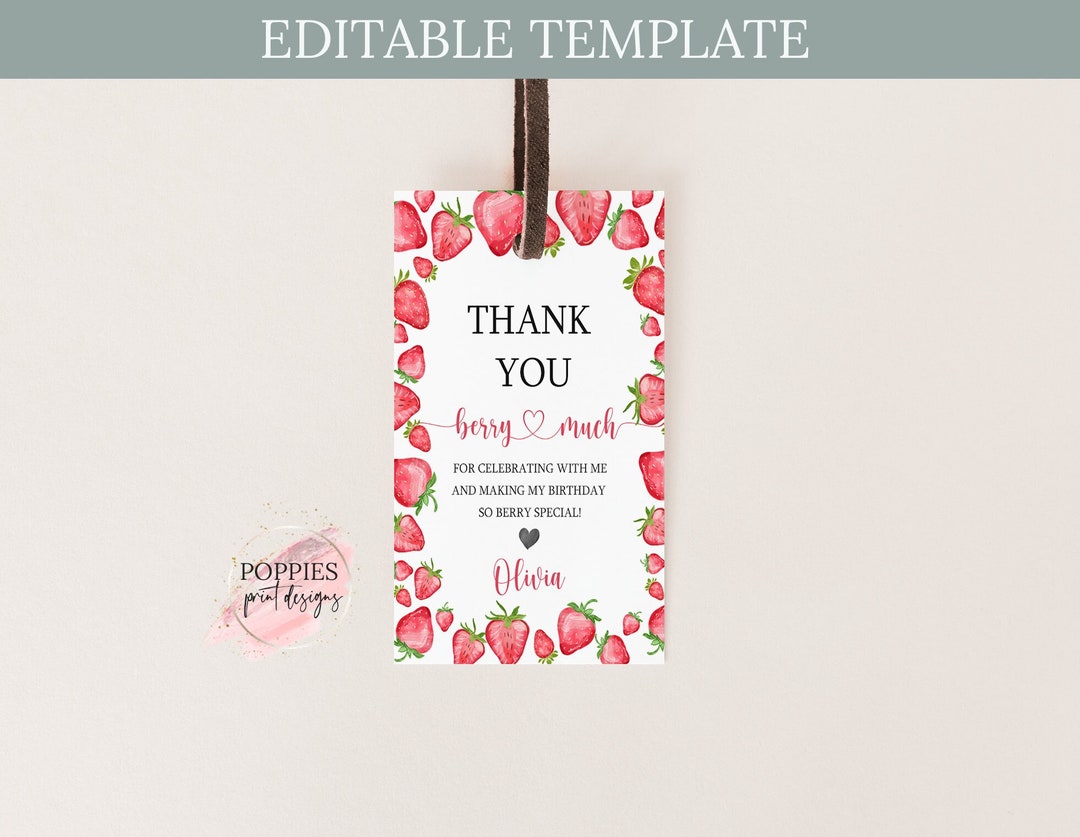 Editable Strawberry 1st Birthday Party Favor Tag, Berry First Birthday ...