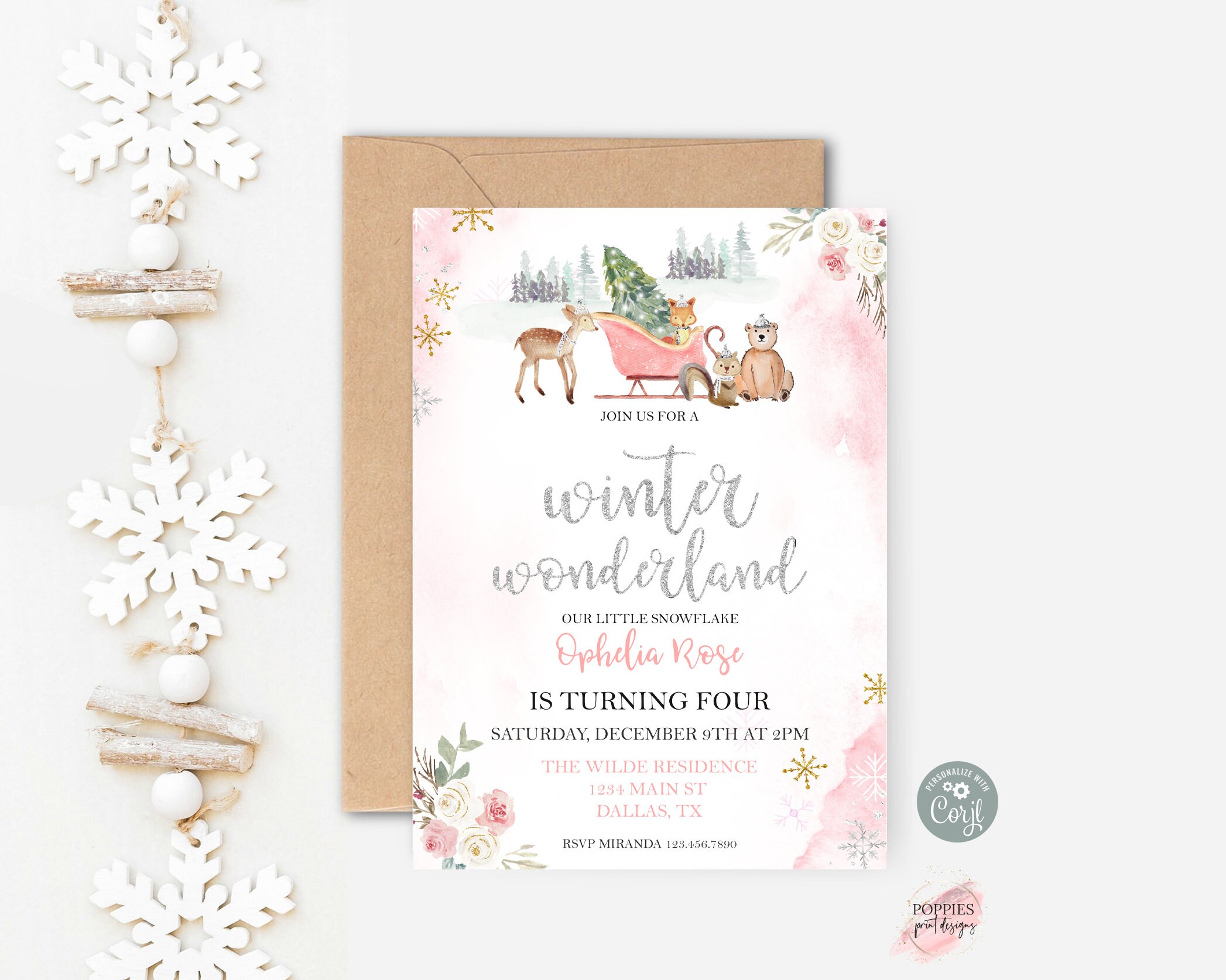 Editable Pink Winter Wonderland Birthday Invitation, Christmas Birthday ...