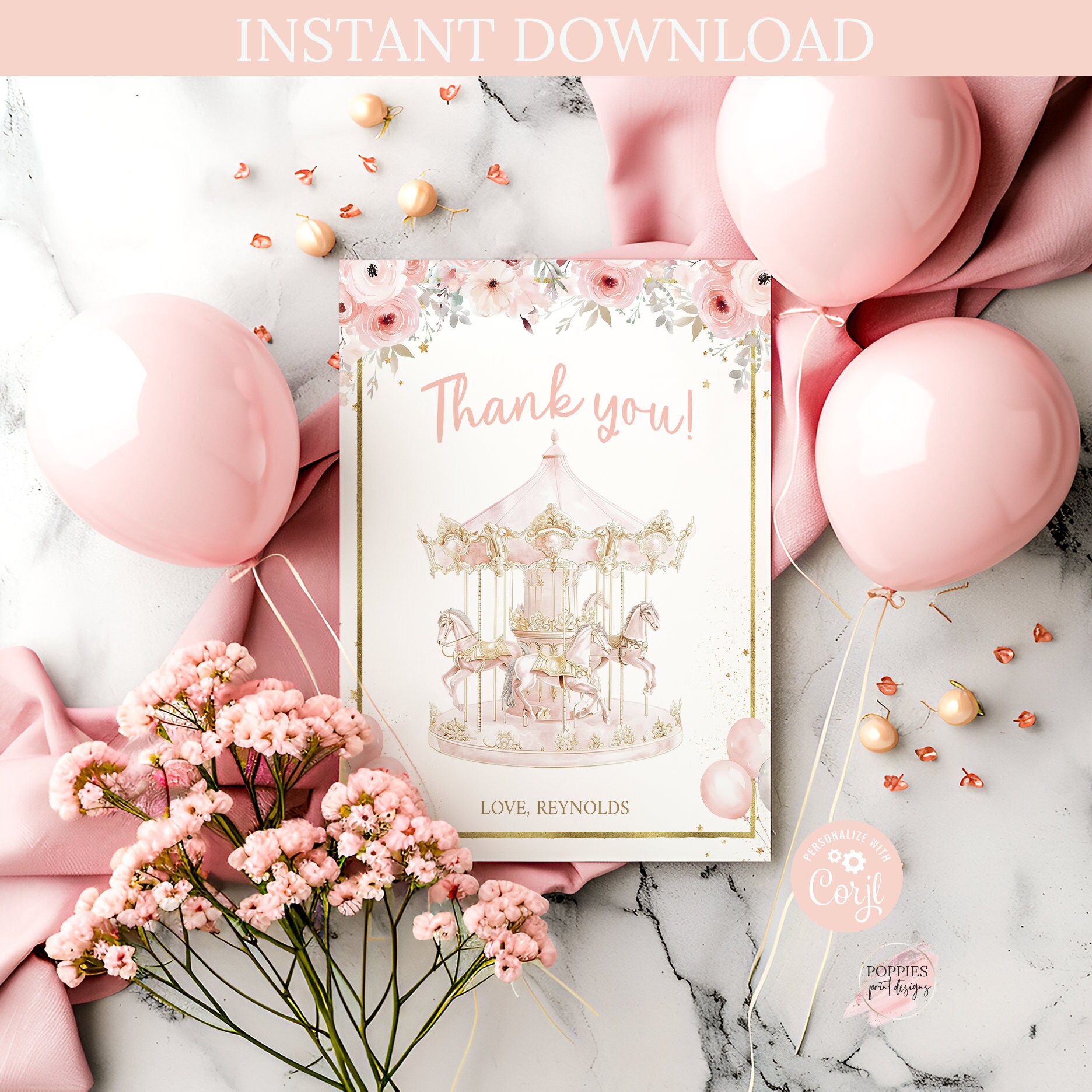 Editable Carousel Birthday Thank You Cards Floral Pink Carousel Horse Birthday Party Favor Tag ...